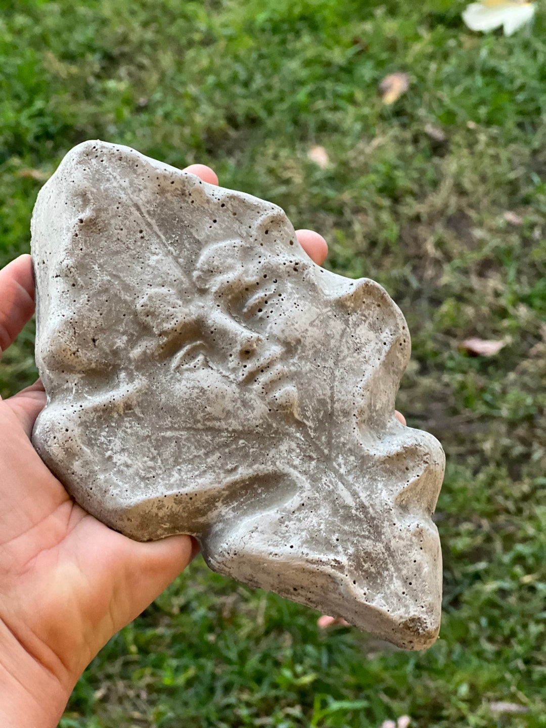 Concrete Leaf Faces, Smiling Garden Plaque, Cement Sculpture, Concrete ...