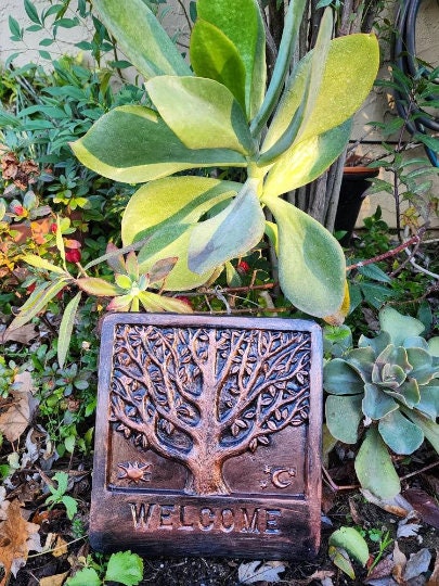 Concrete Welcome Plaque, Welcome Yard Art, Garden Decor, Tree of Life ...