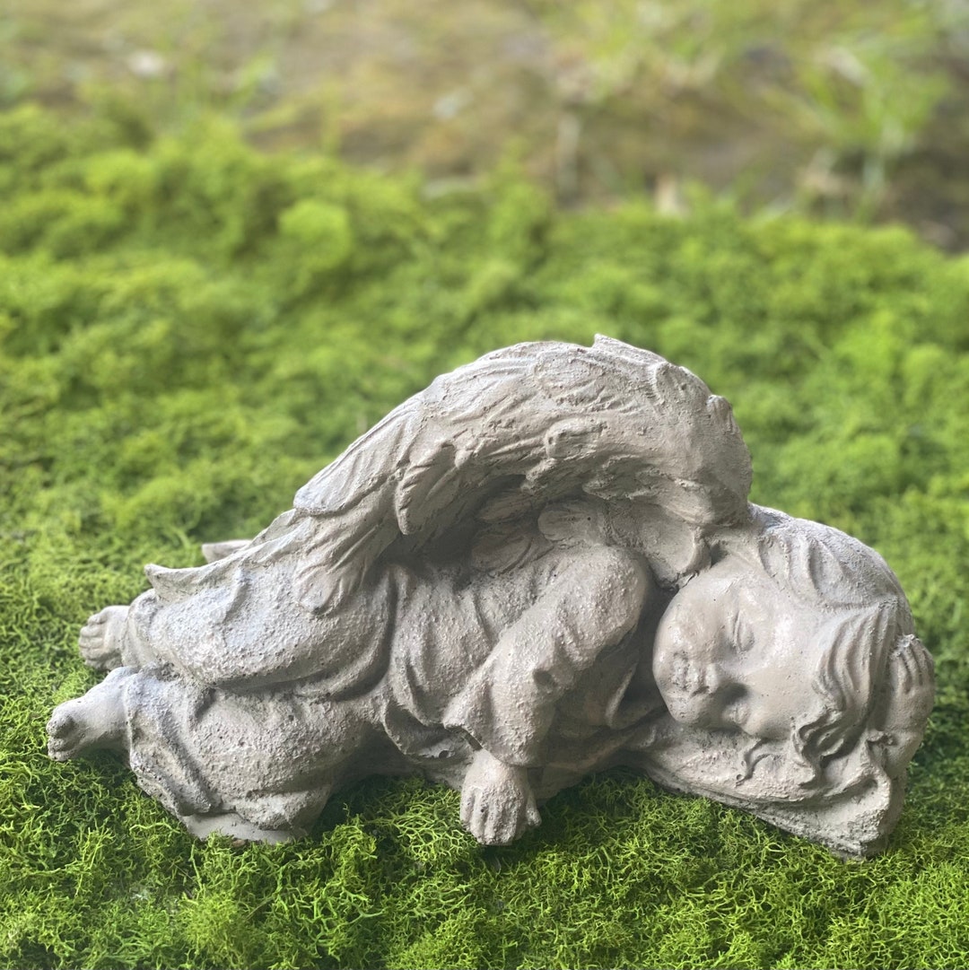 Concrete Sleeping Baby Angel Statue, 8.5”x 4.5”, Memorial Garden Decor ...