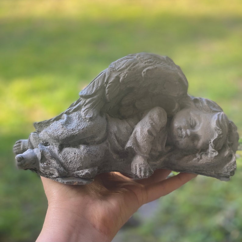 Concrete Sleeping Baby Angel Statue, 8.5”x 4.5”, Memorial Garden Decor ...