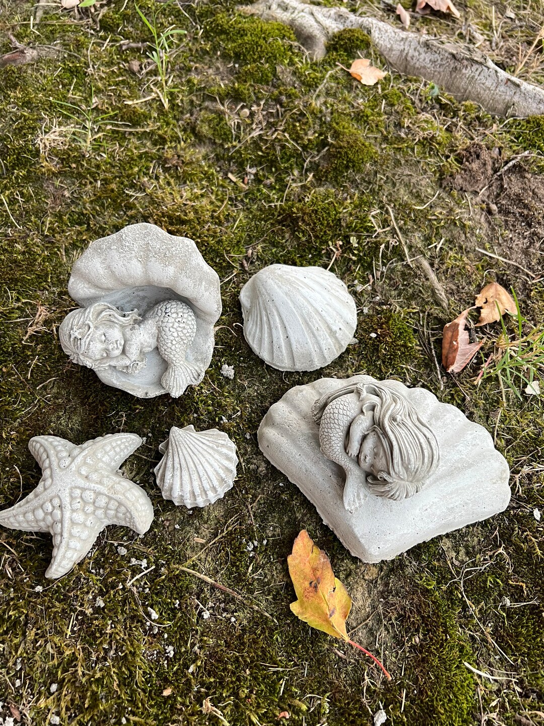 Set of 7 Sea Creatures, Mermaid, Small Concrete Statue, Mermaid Statue ...