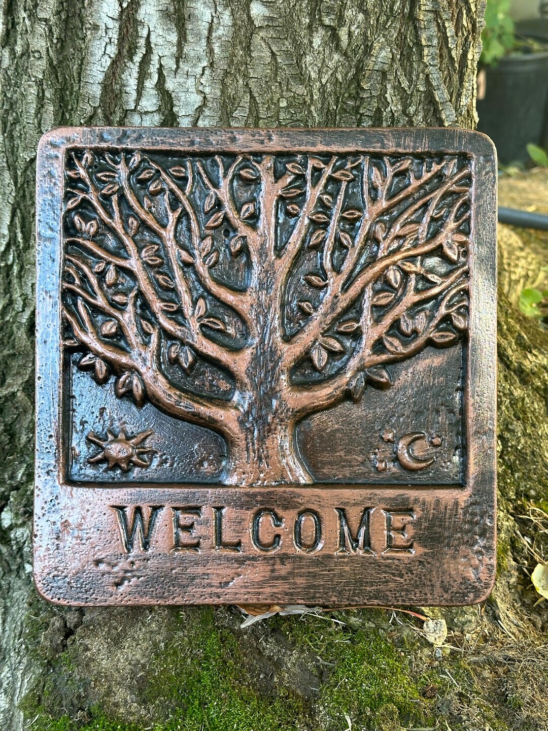 Concrete Welcome Plaque, Welcome Yard Art, Garden Decor, Tree of Life ...
