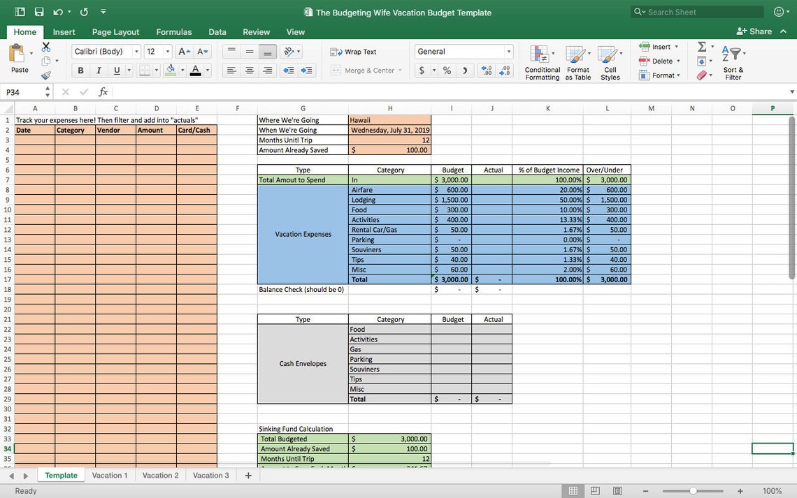 Vakantie budget sjabloon Zero-Based budget Excel-sjabloon - Etsy Nederland