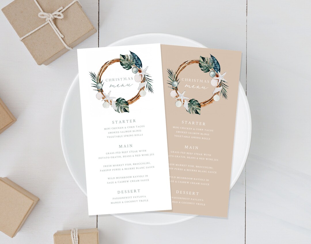Beach Christmas Party Menu Template, Summer Christmas Menu, Tropical ...