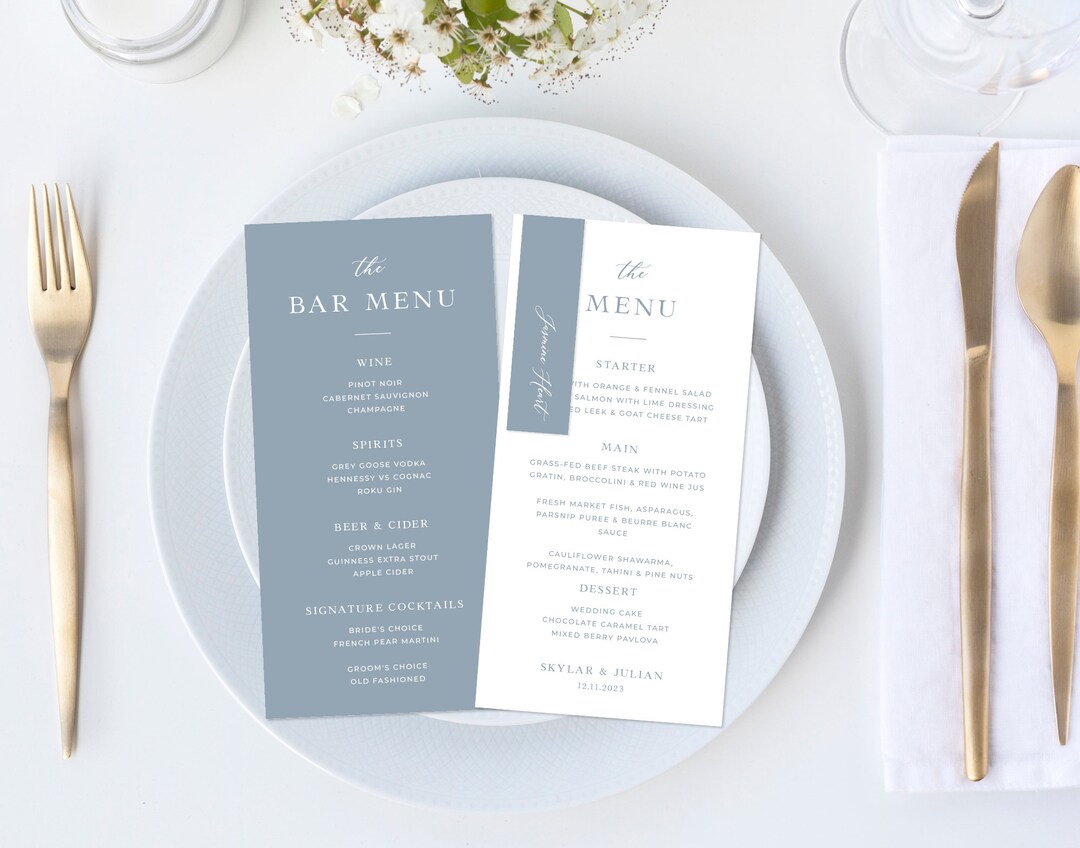 Dusty Blue Wedding Menu Bundle Template, Dusty Blue Place Cards, Slim ...