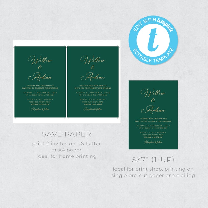 Emerald Green Wedding Invitation Template, Forest Green Wedding ...
