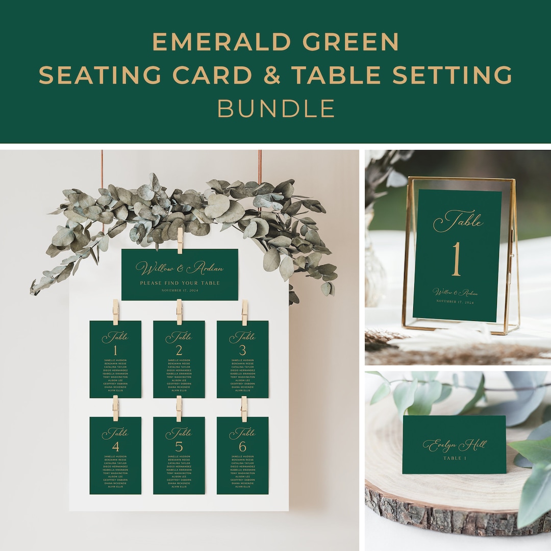 Emerald Green Wedding Seating Cards Bundle Template, Emerald Seating ...