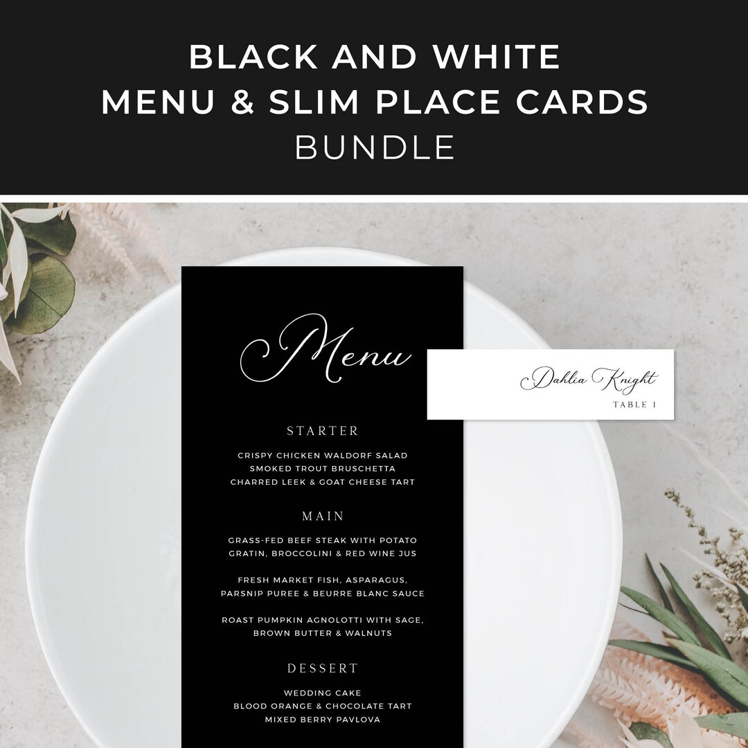 Black Menu Slim Place Cards Bundle Template Minimalist - Etsy