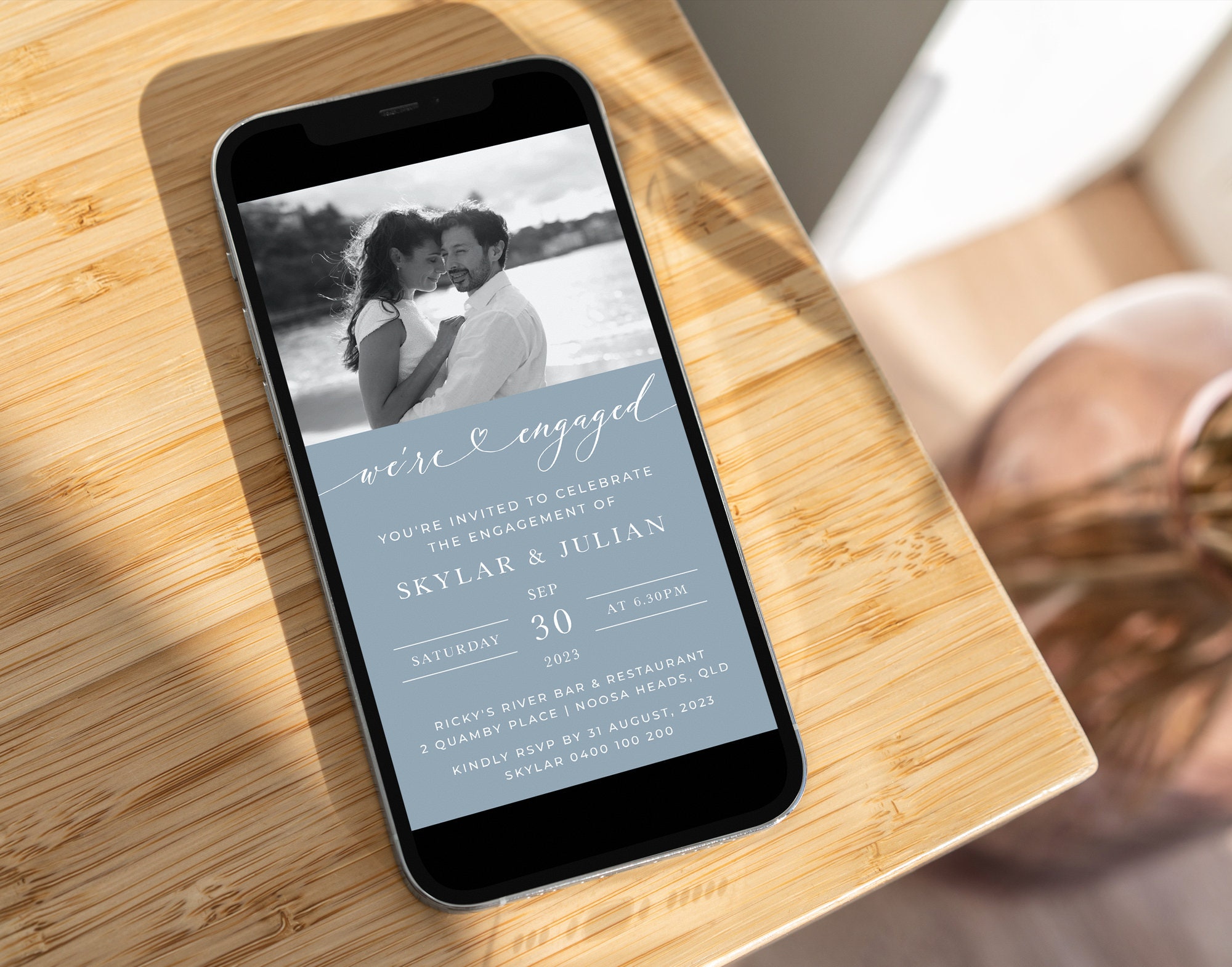 Dusty Blue Engagement Photo Invitation Template Minimalist - Etsy