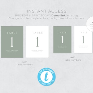 Sage Green Table Number Card Template, Minimalist Table Number Cards ...