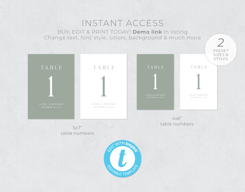 Sage Green Table Number Card Template, Minimalist Table Number Cards ...