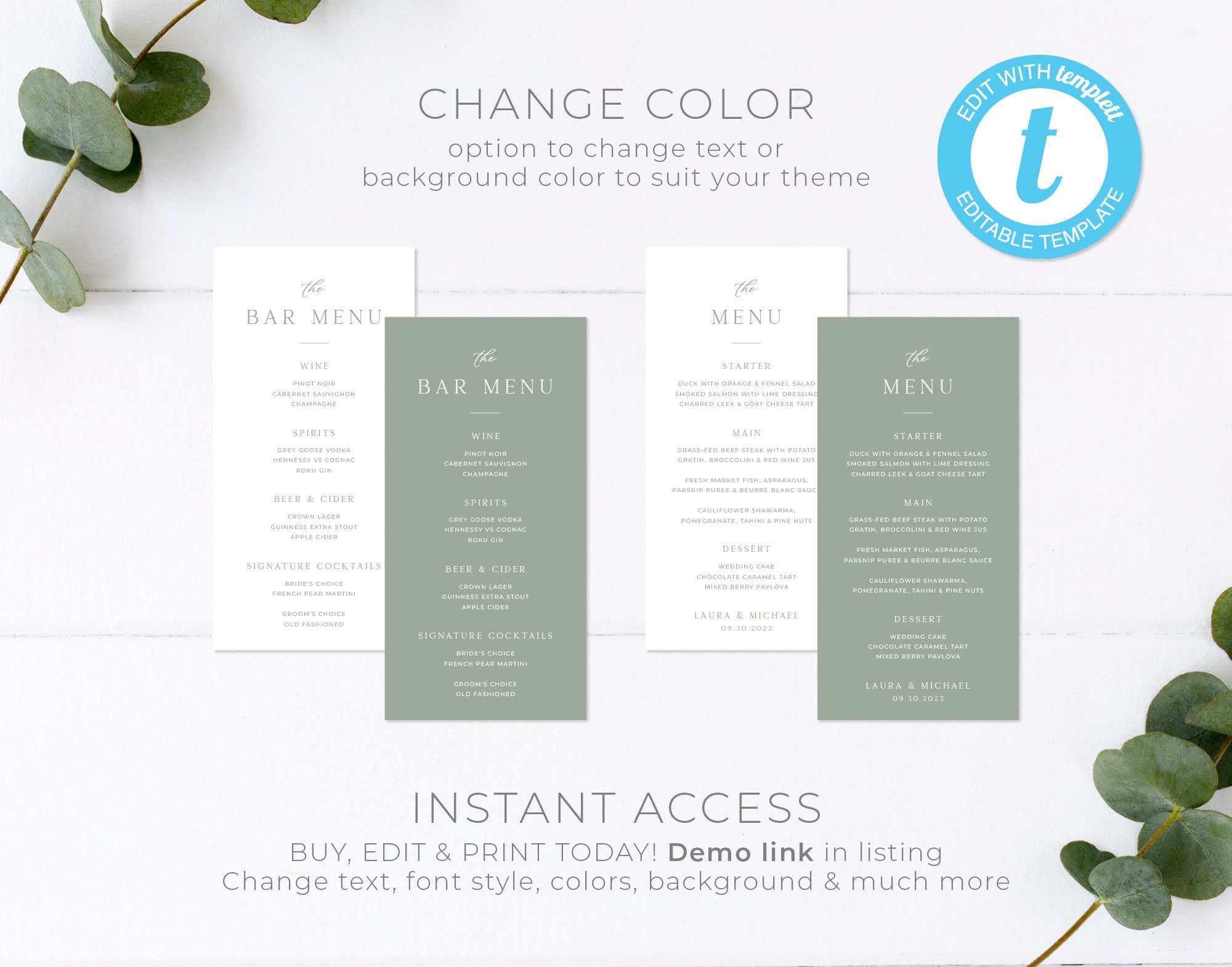 Sage Green Wedding Menu Template, Minimalist Wedding Menu, Sage Green ...