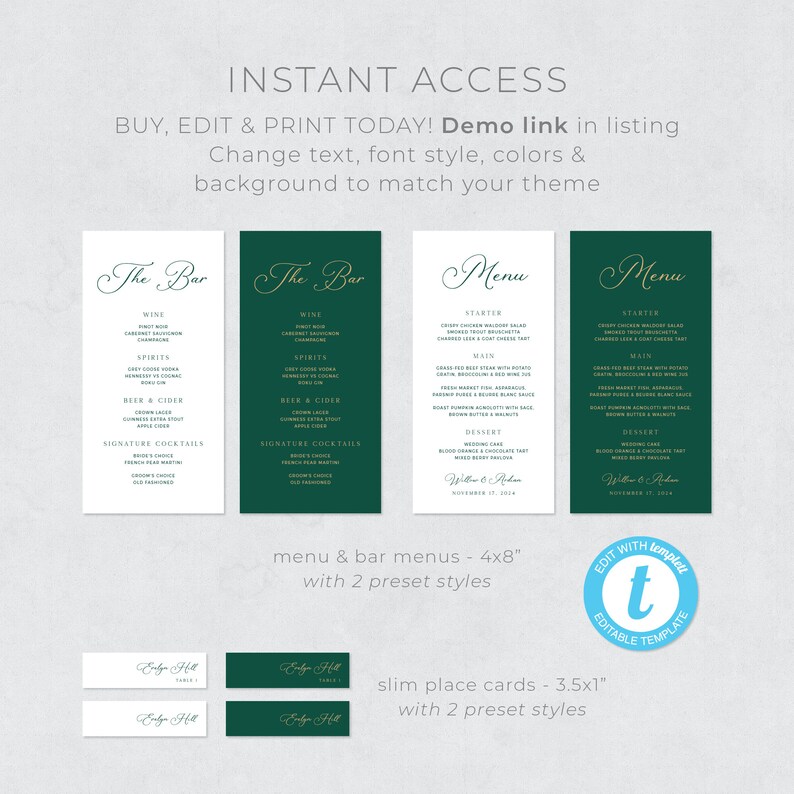 Emerald Green Menu Template, Bundle, Emerald Green Place Cards, Emerald ...