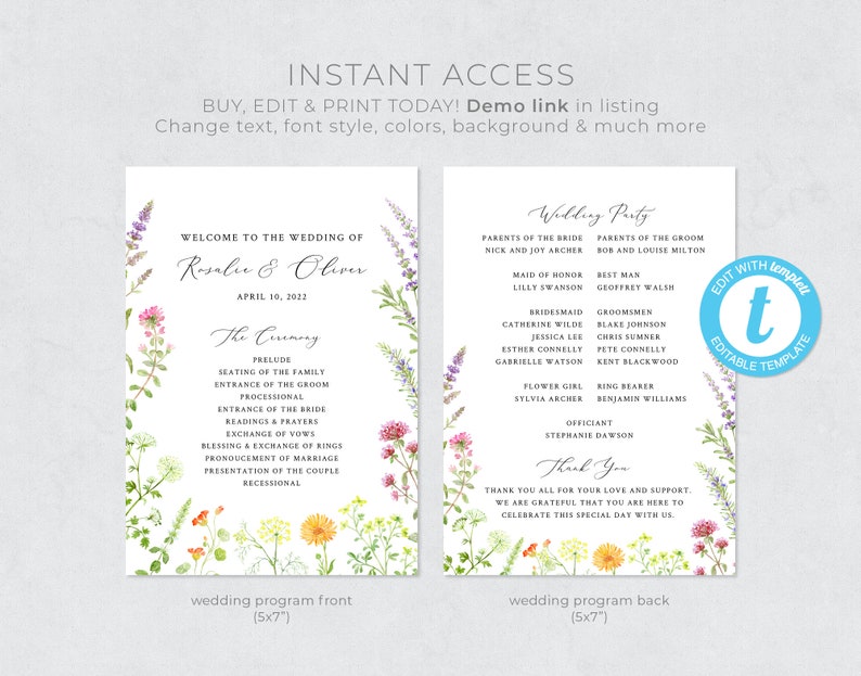 Garden Wedding Program Template, Wedding Program Fans, Botanical ...