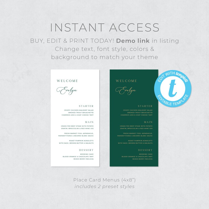 Emerald Green Wedding Menu Template, Emerald Place Cards, Forest Green ...