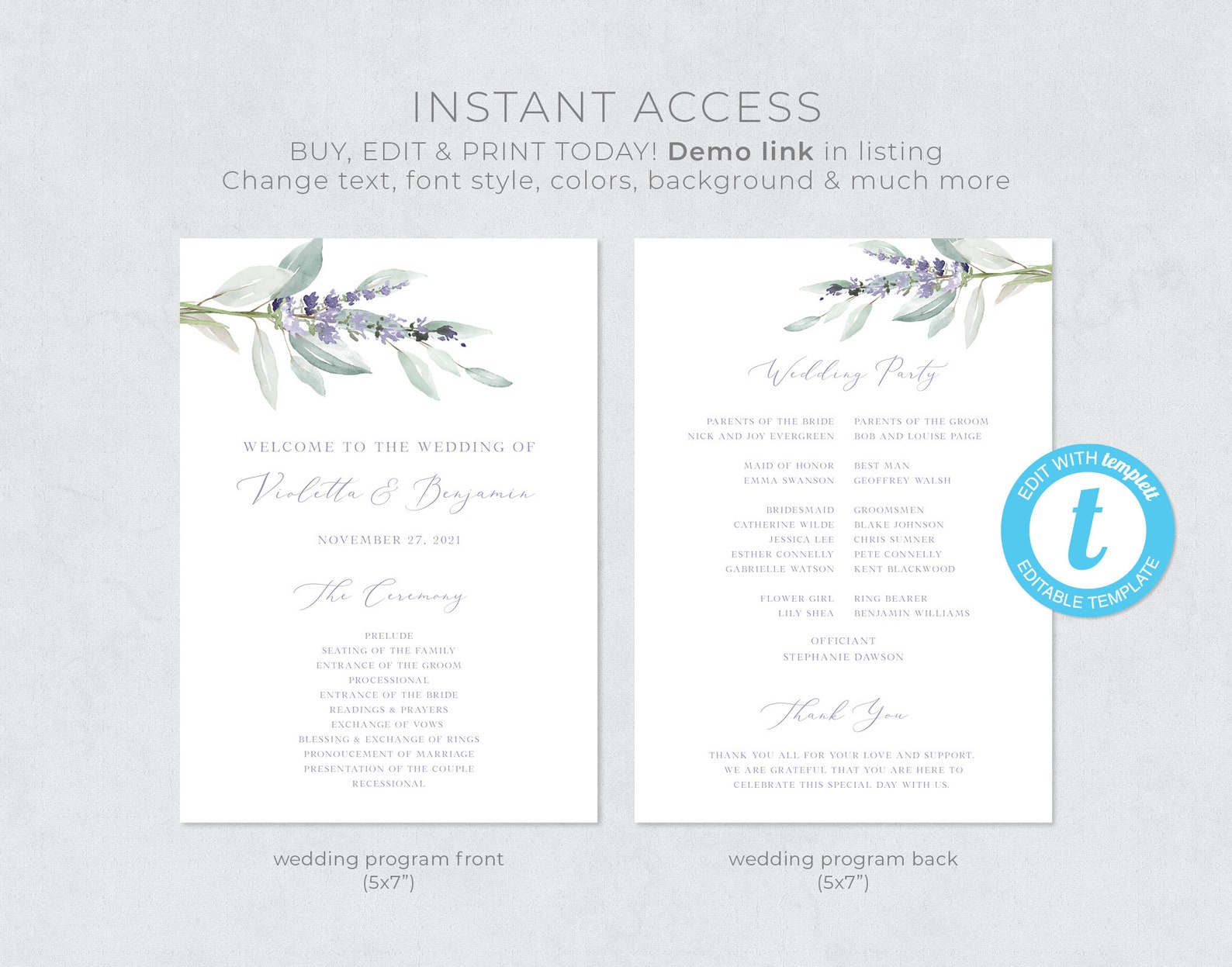 Lavender Wedding Program Template, Wedding Program Fans, Lavender Wedding, Purple Wedding ...