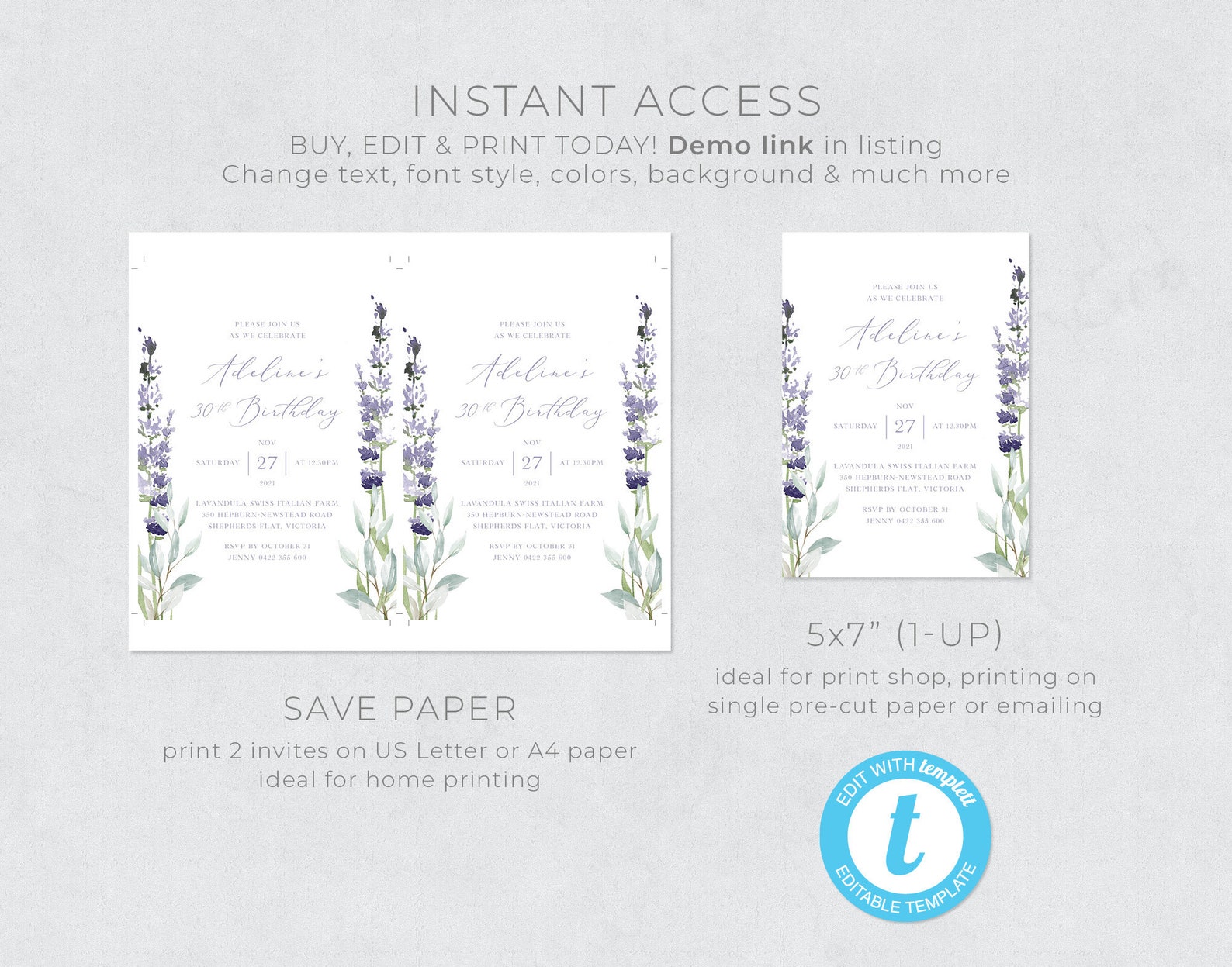 Lavender Birthday Invitation Template, Purple Birthday Invite, Garden ...