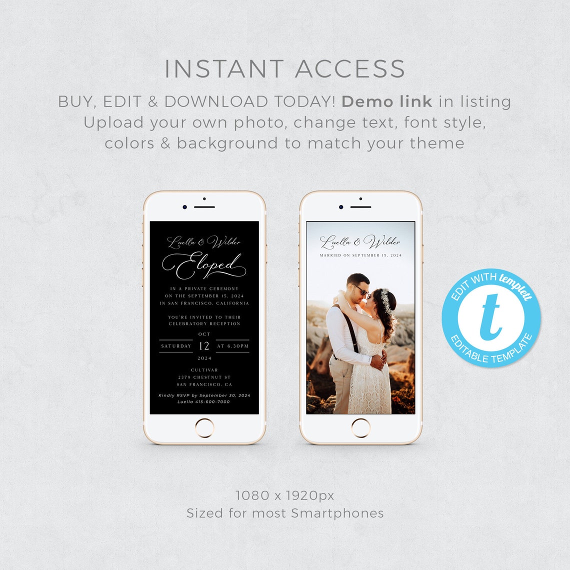 Elopement Photo Invitation Template, Black Wedding Announcement ...