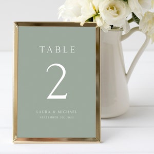Sage Green Table Number Card Template, Minimalist Table Number Cards ...