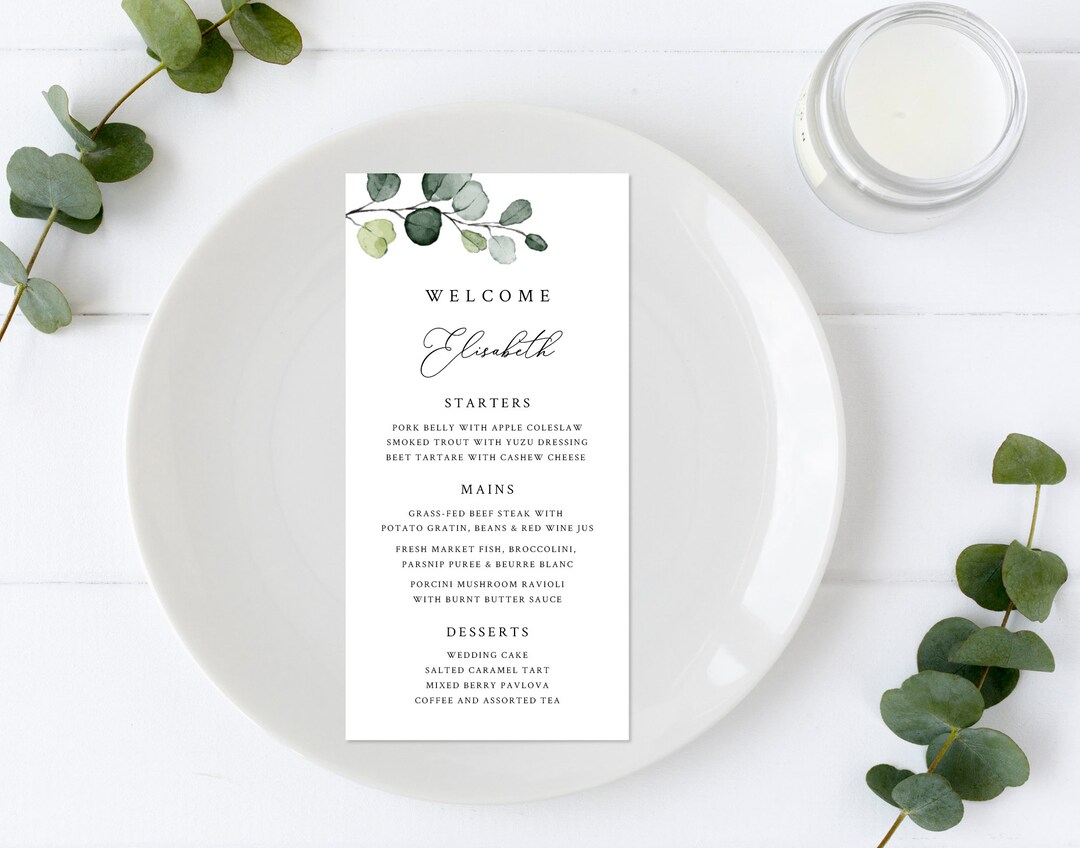 Rustic Wedding Menu Template, Rustic Place Cards, Greenery Wedding Menu ...