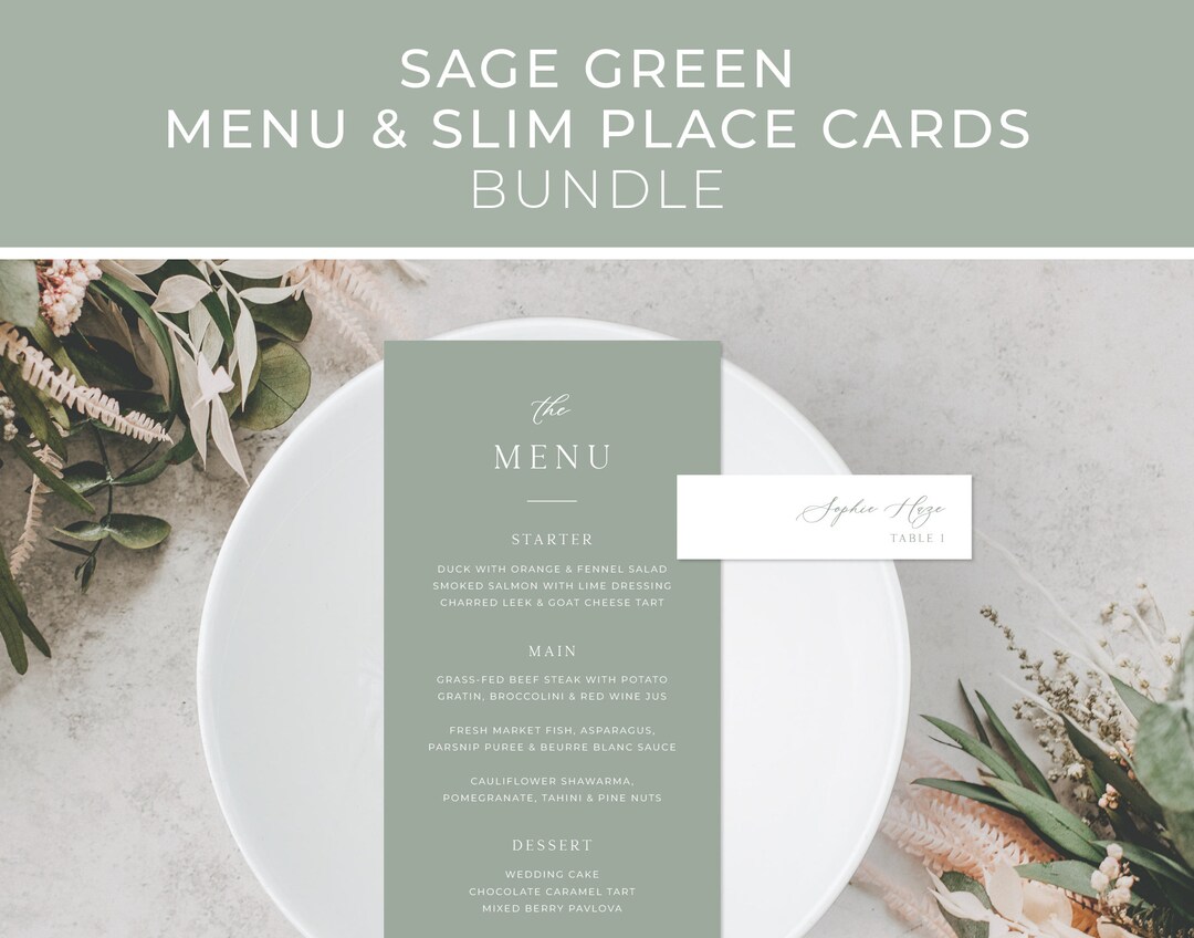 Sage Green Menu, Slim Place Cards Bundle Template, Minimalist Wedding ...