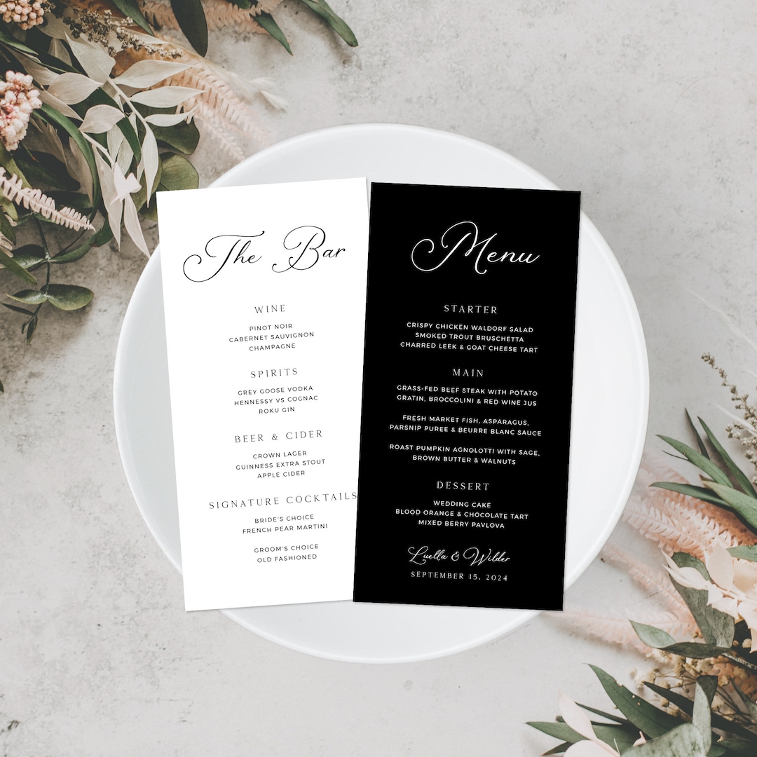 Elegant Black Menu Template, Black and White Wedding Menu, Minimalist ...