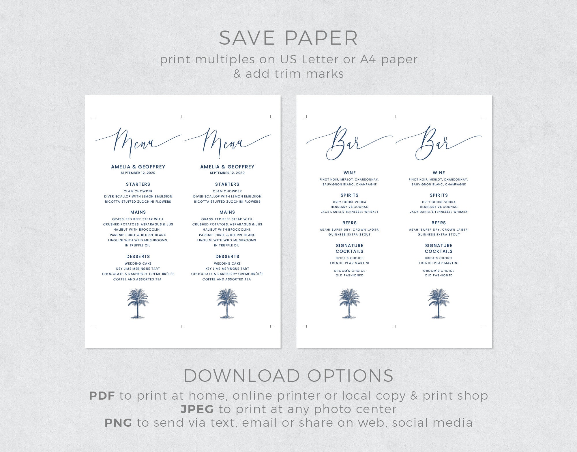 Hamptons Wedding Menu Template Set Beach Menu Bar Menu | Etsy Australia