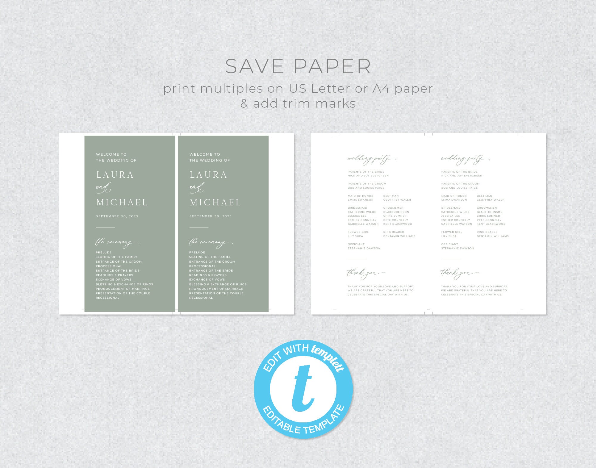 Sage Green Wedding Program Template, Minimalist Wedding Program, Modern ...