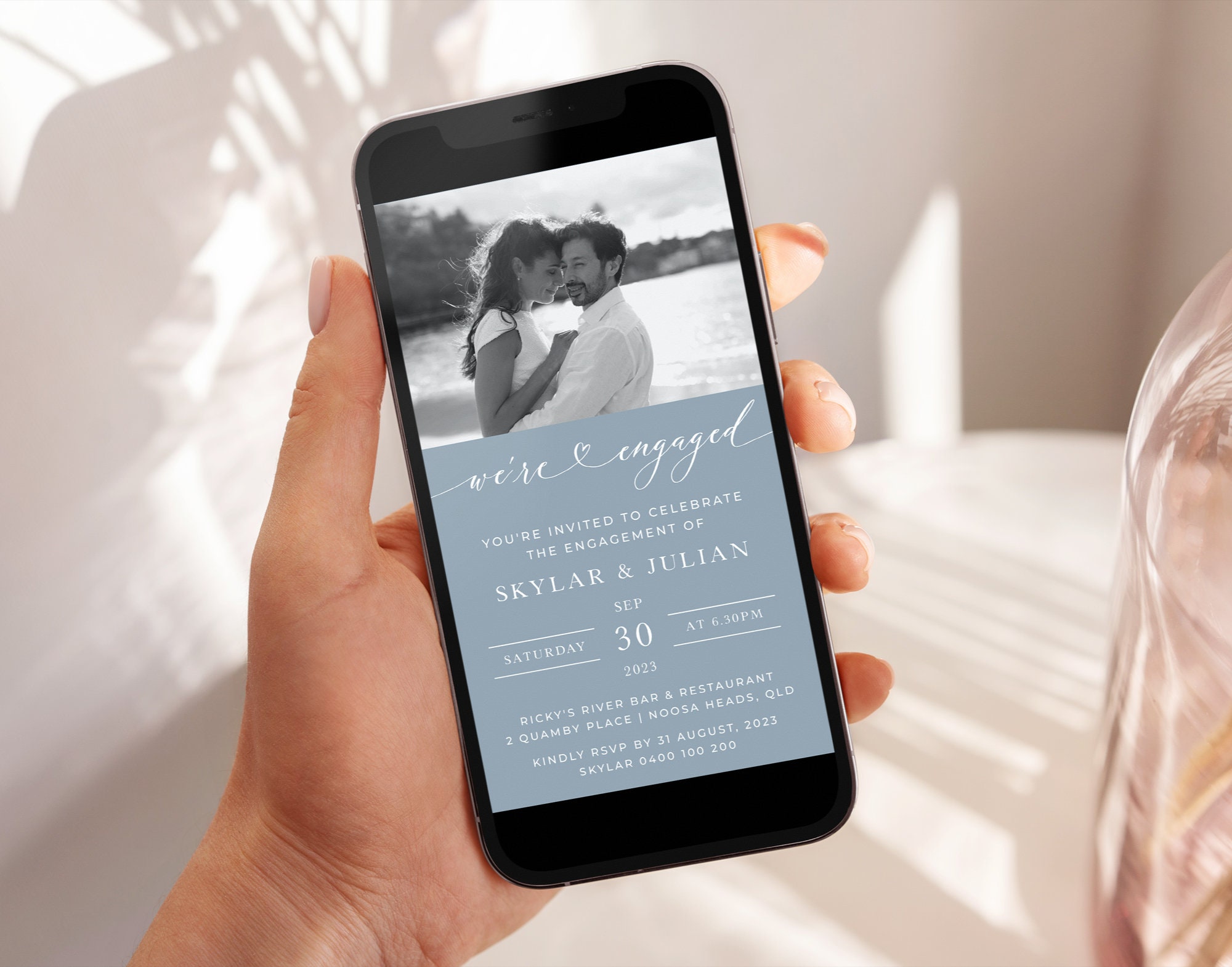 Dusty Blue Engagement Photo Invitation Template Minimalist - Etsy