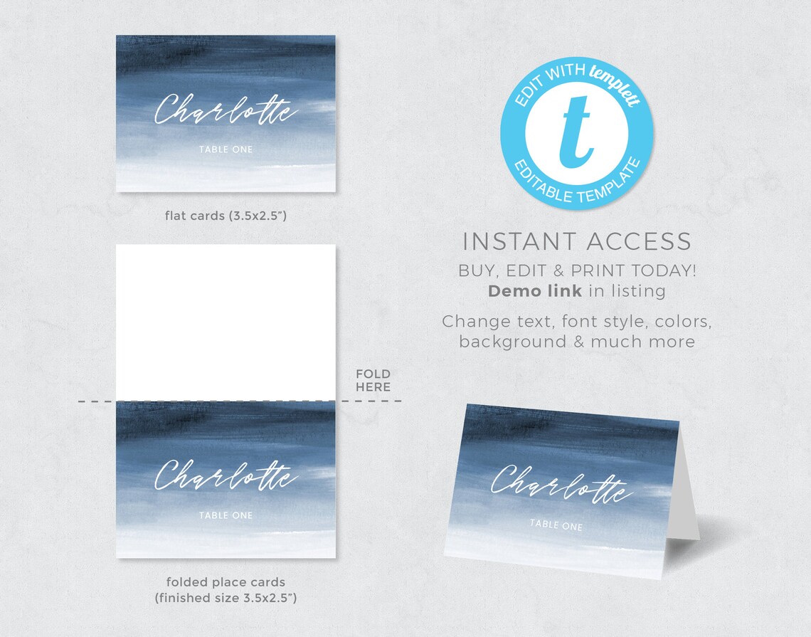 Beach Place Cards Template Beach Tent Cards Blue Name Cards - Etsy ...