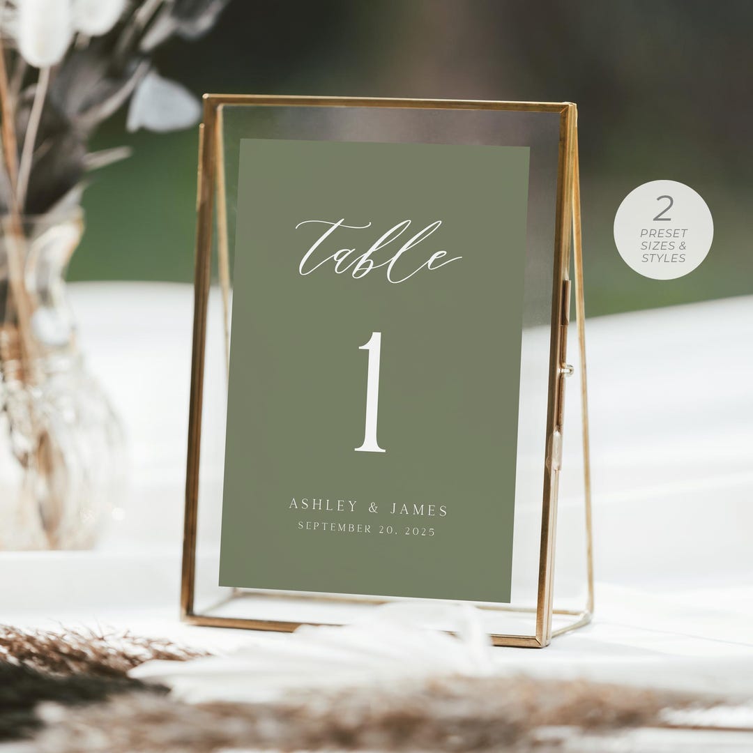 Olive Green Table Numbers Template, Minimalist Wedding Table Numbers ...