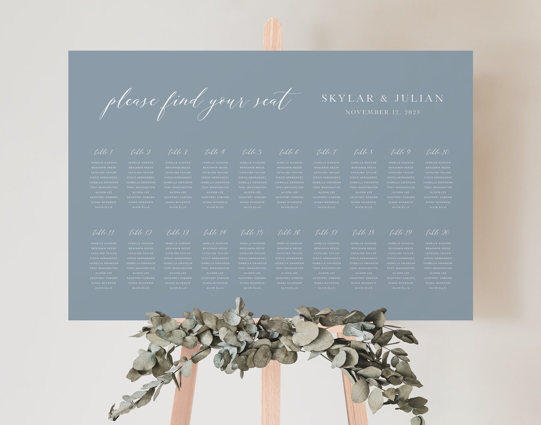 Dusty Blue Seating Chart Template, Beach Wedding Seating Chart, Modern ...