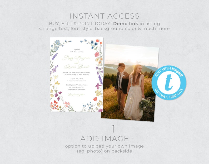Wildflower Wedding Invitation Template, Boho Wedding Invitation ...