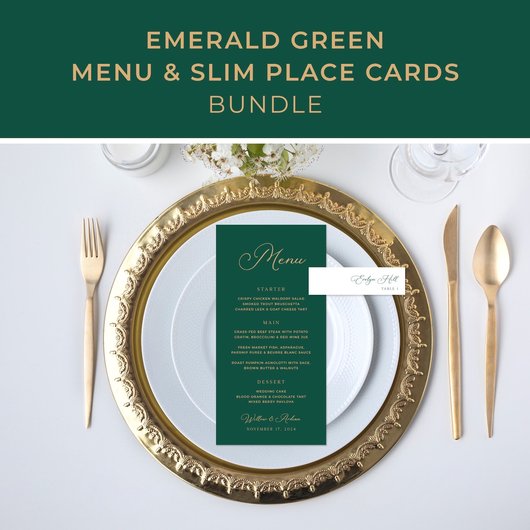 Emerald Green Menu Template, Bundle, Emerald Green Place Cards, Emerald ...