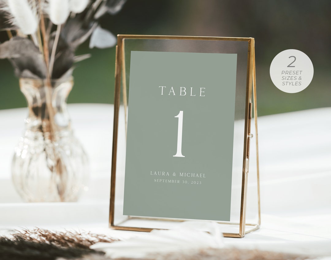 Sage Green Table Number Card Template, Minimalist Table Number Cards ...