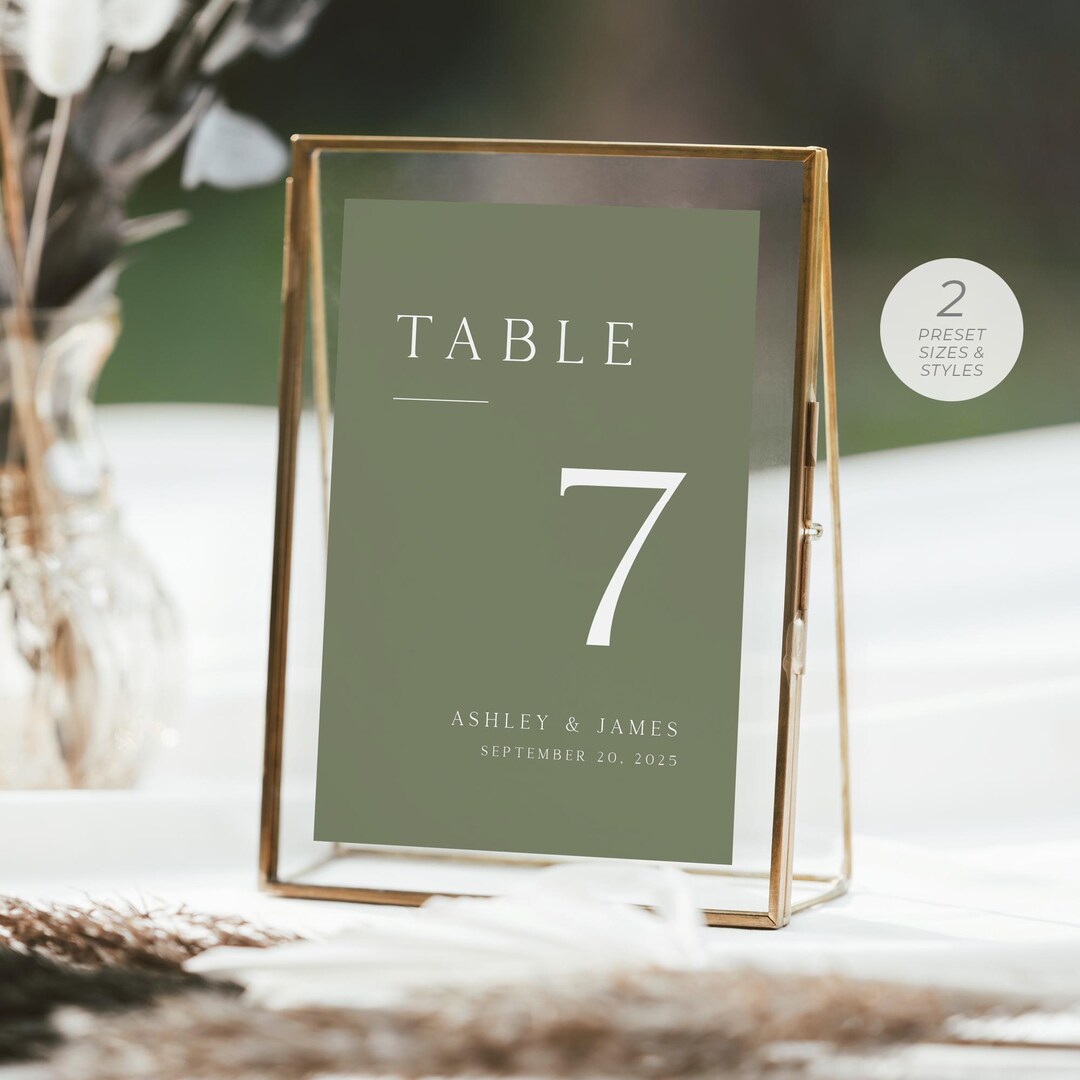 Modern Olive Green Table Number Cards Template, Forest Green Wedding ...