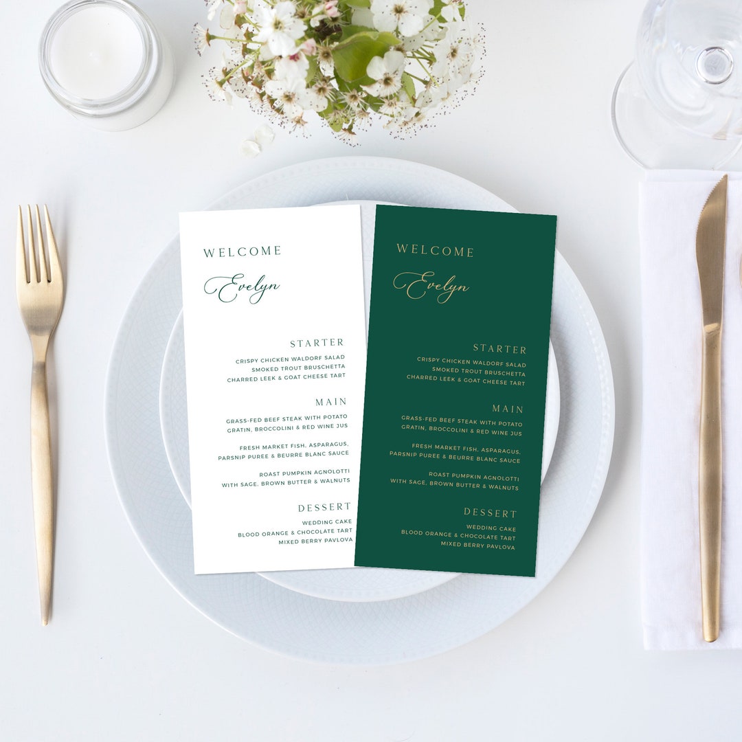 Emerald Green Wedding Menu Template, Emerald Place Cards, Forest Green ...