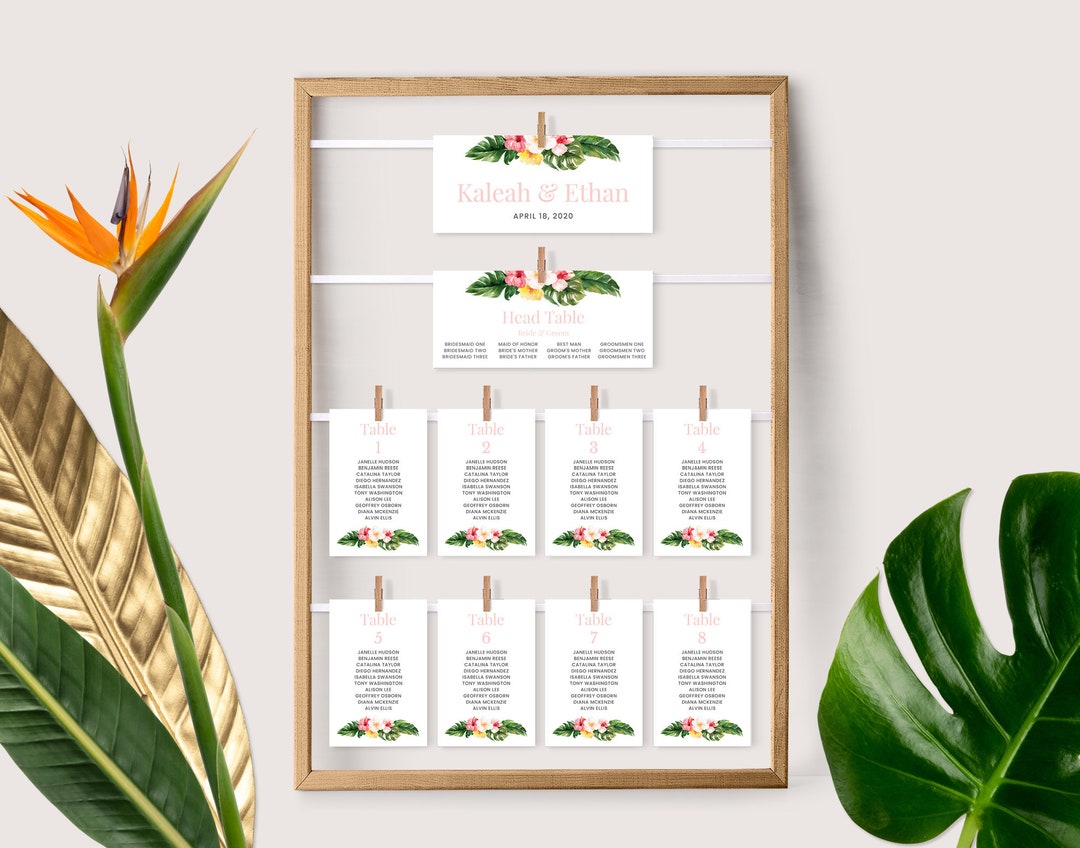 Tropical Seating Chart Template, Tropical Wedding Seating Cards, Beach ...