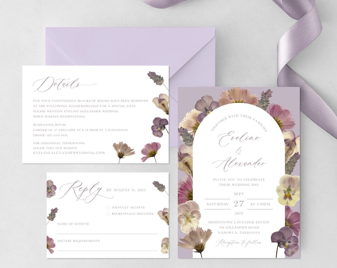 Elegant Real Lavender Wedding Invitations, Boho Lillac Stationery ...