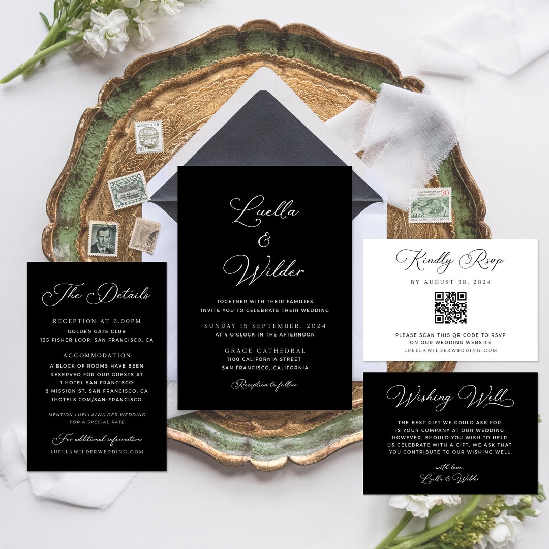 Elegant Black Wedding Invitation Template, Black and White Wedding ...