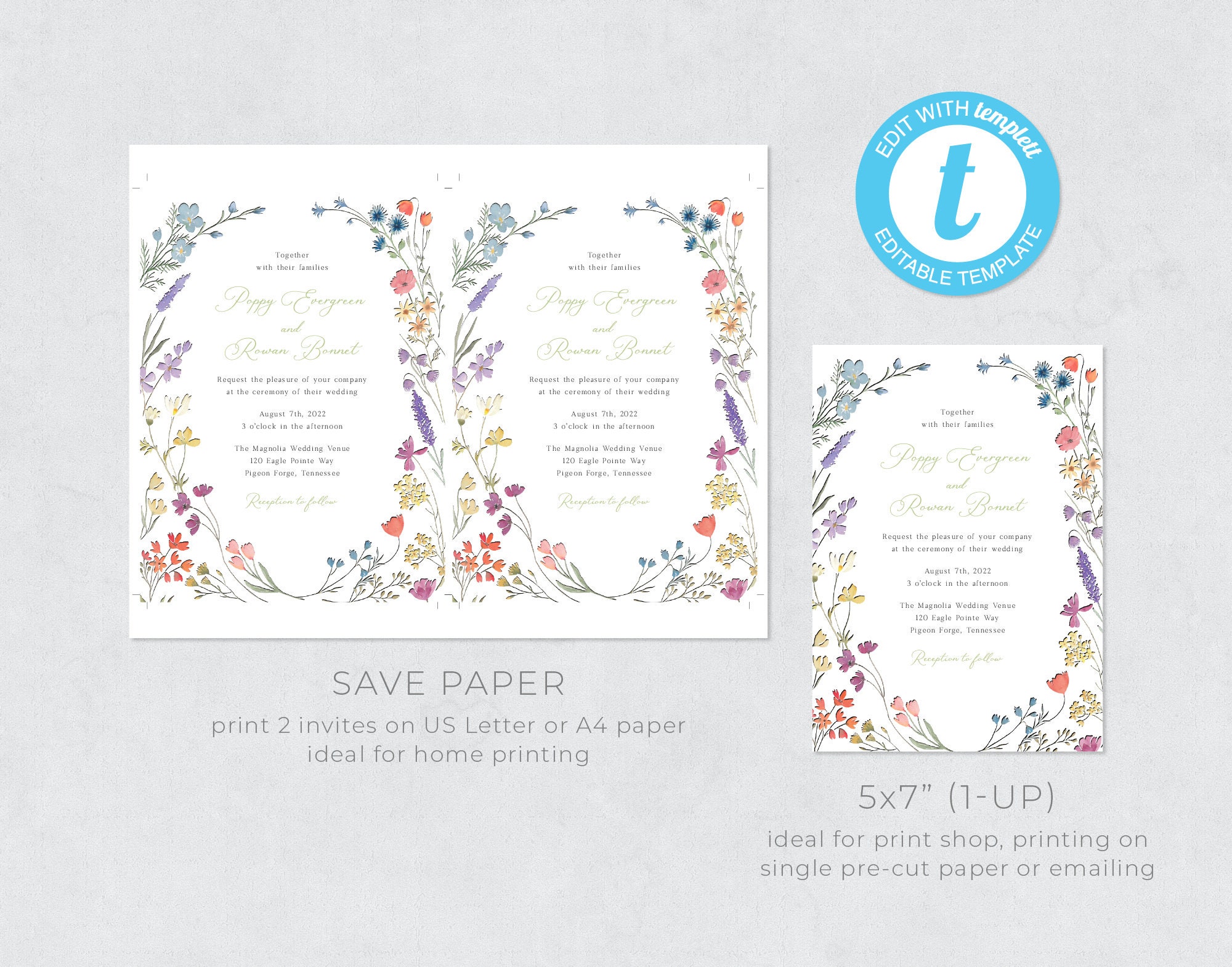 Wildflower Wedding Invitation Template, Boho Wedding Invitation ...