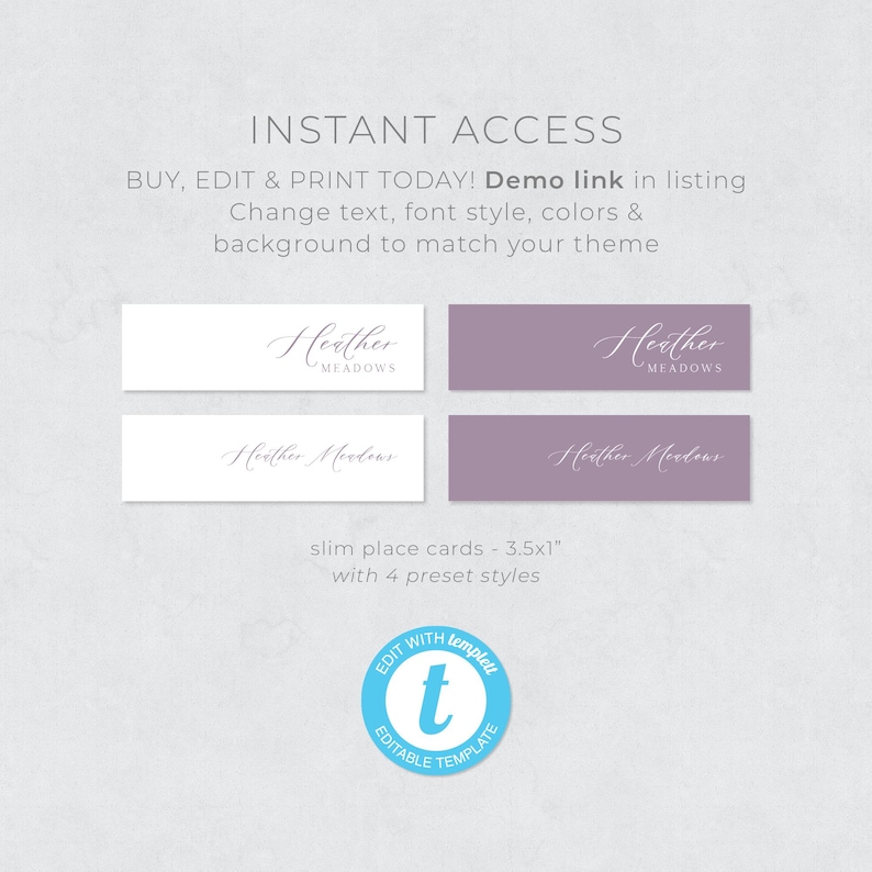 Lavender Wedding Slim Place Cards Template, Modern Wedding Name Tags ...