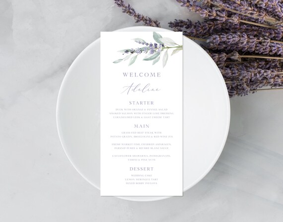 Lavender Place Card Menu Template Lavender Wedding Menu | Etsy