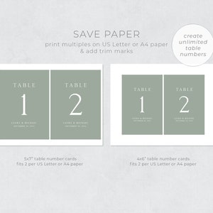 Sage Green Table Number Card Template, Minimalist Table Number Cards ...