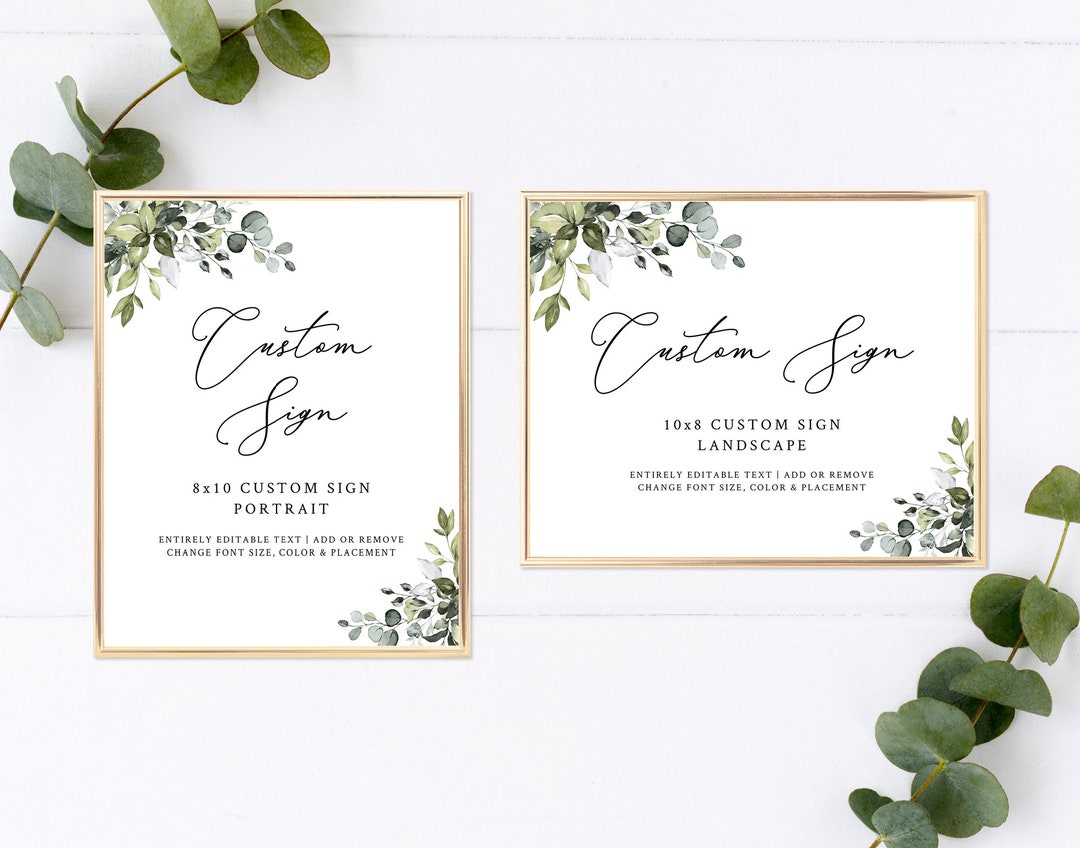 Greenery Custom Sign Template, Rustic Wedding Signs, Eucalyptus, Bridal ...