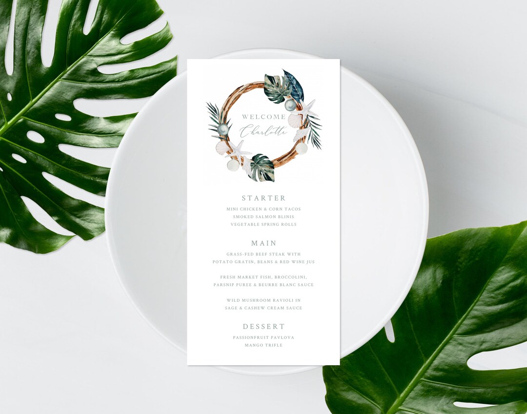 Beach Christmas Place Card Menu Template, Summer Christmas Guest Name ...