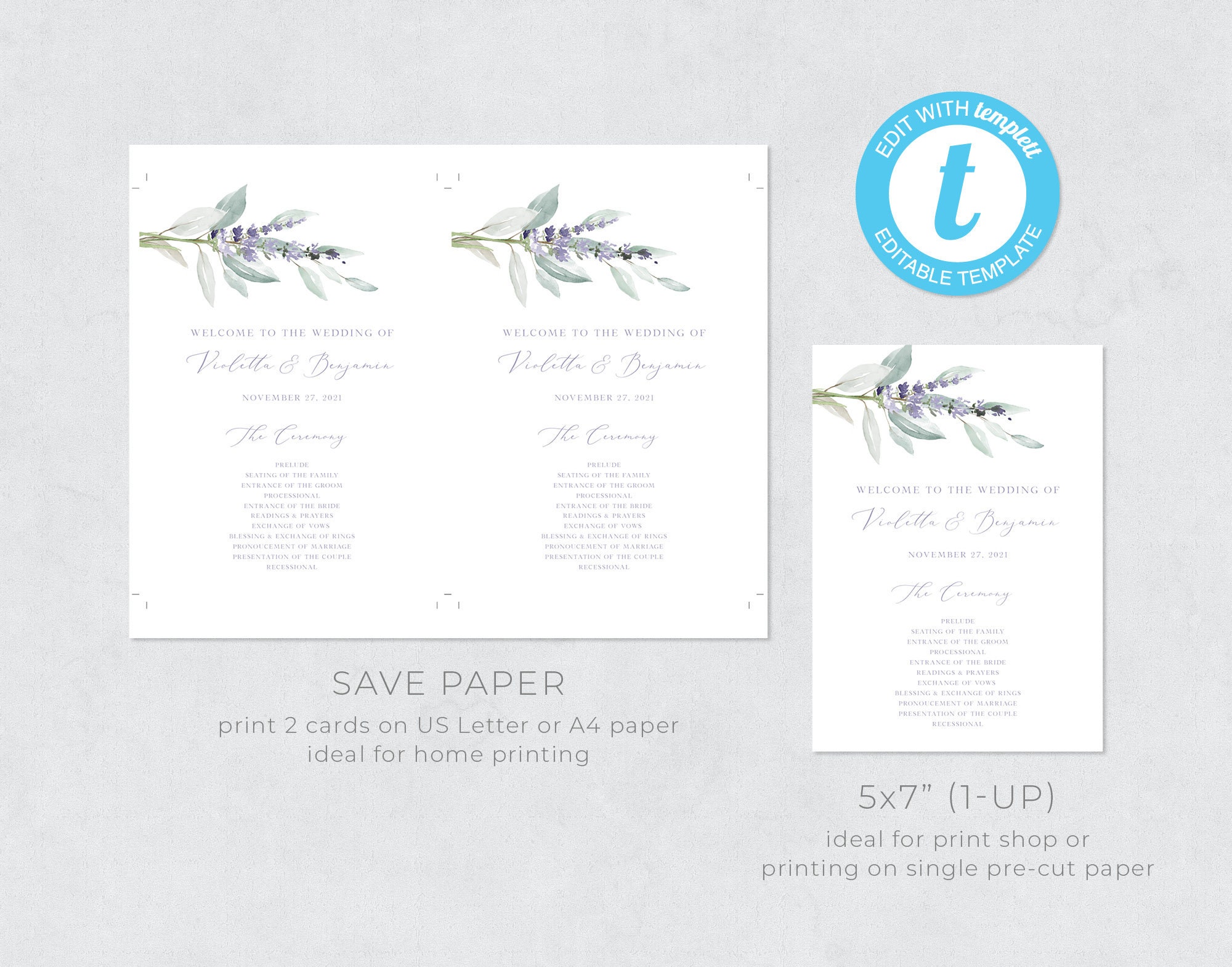 Lavender Wedding Program Template, Wedding Program Fans, Lavender ...