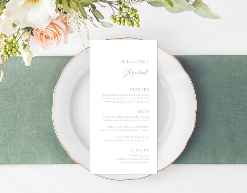 Sage Green Menu Place Card Template, Sage Green Wedding Menu, Menu With ...