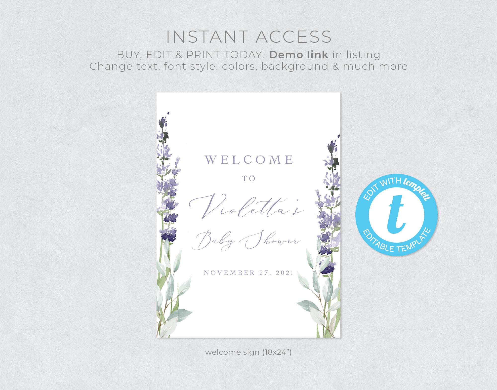 Lavender Baby Shower Welcome Sign Template, Purple Baby Shower Sign ...