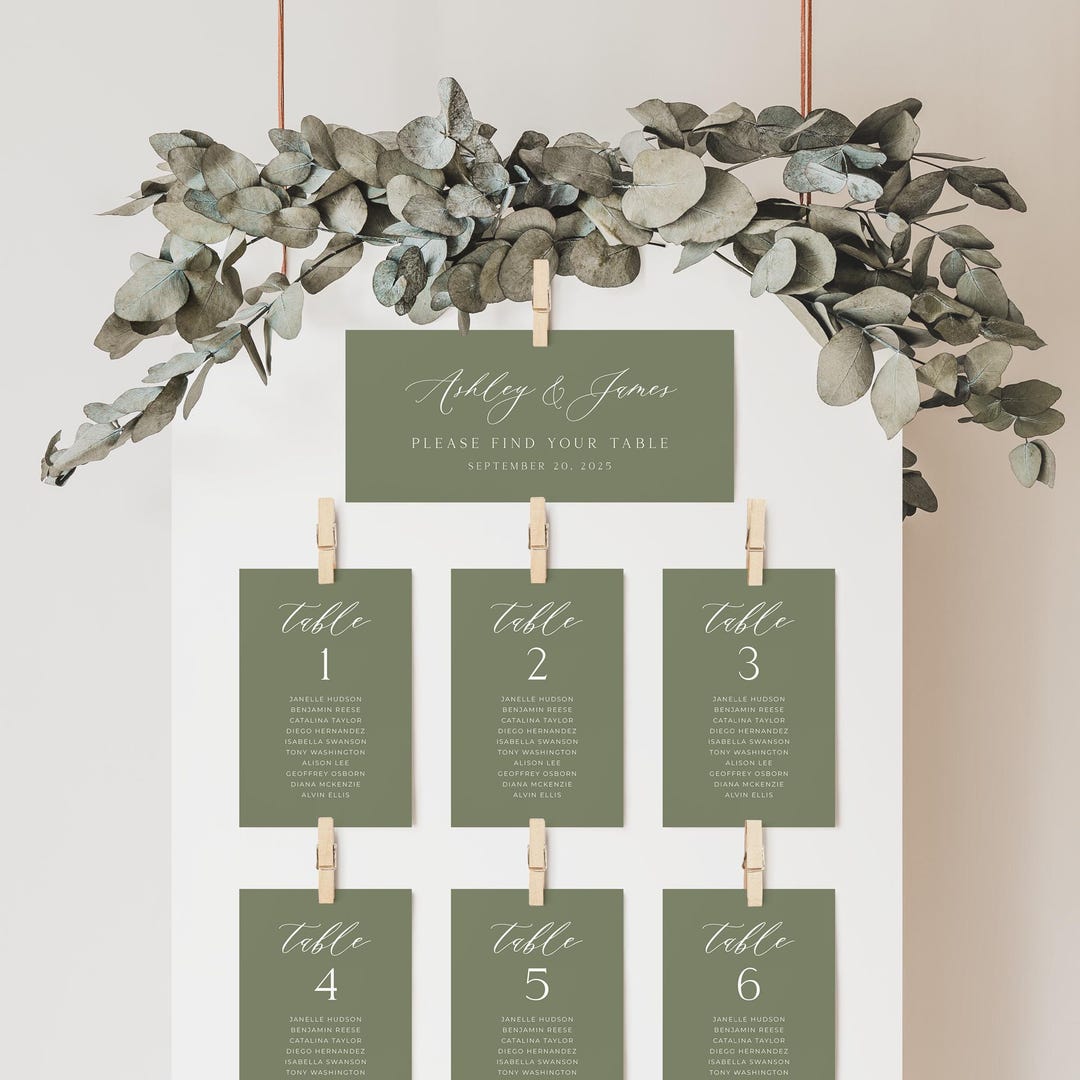Olive Green Seating Chart Template, Modern Wedding Seating Chart Cards ...